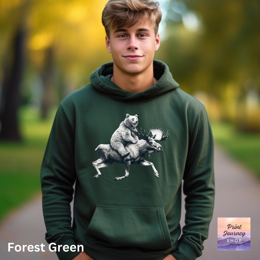 Funny Moose Hoodie, Bear Riding Moose Hooded Sweatshirt, Wildlife ...