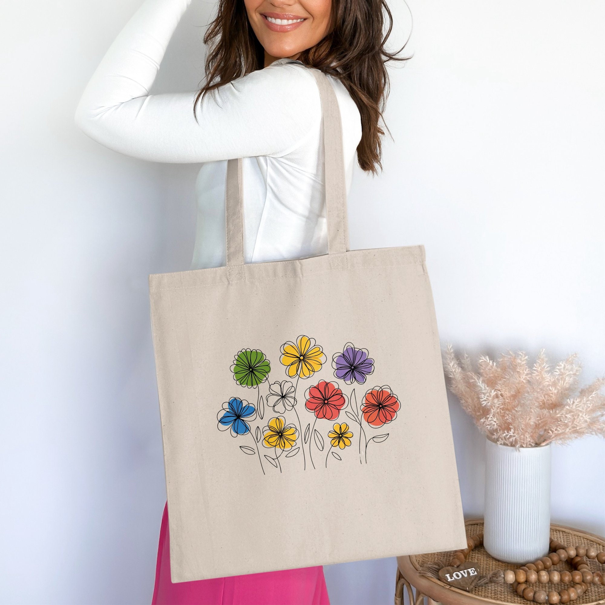 Colorful Floral Line Art Tote Bag, Artistic Flower Design Shopping Bag ...