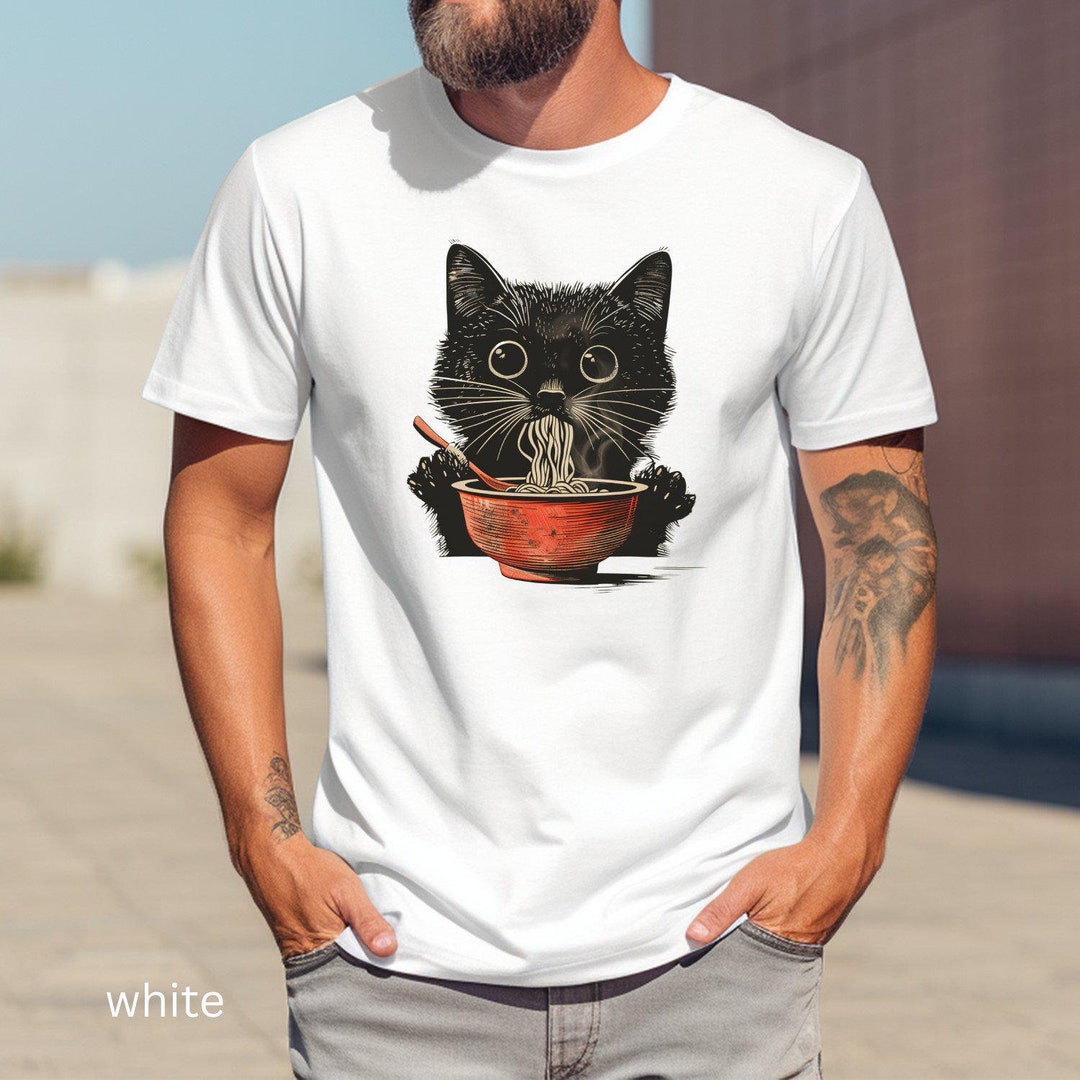Cute Cat Eating Ramen T-shirt, Funny Cat Noodles Tee, Cute Animal With ...