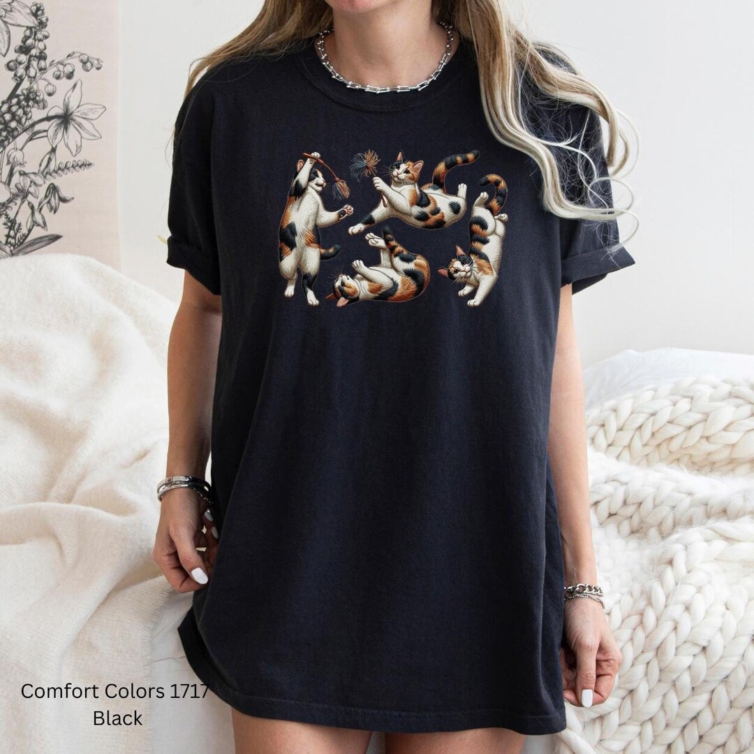 Calico Cat T-shirt, Embroidery Style Cats Shirt, Funny Cat Lover Gift ...