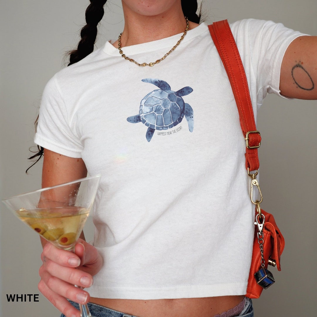 Women's Y2K Baby Tee, Coquette Aesthetic Watercolor Turtle Graphic, Eco ...