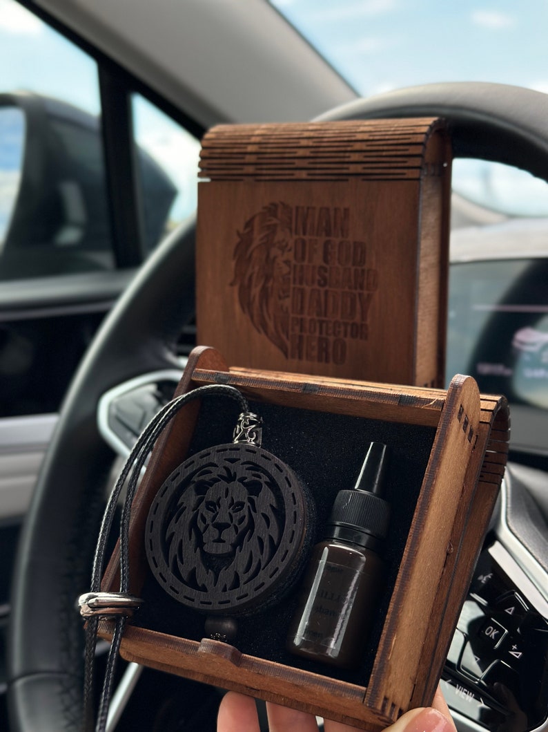 Engraved Lion Wooden Car Diffuser Gift Box, Personalized Car Fragrance ...