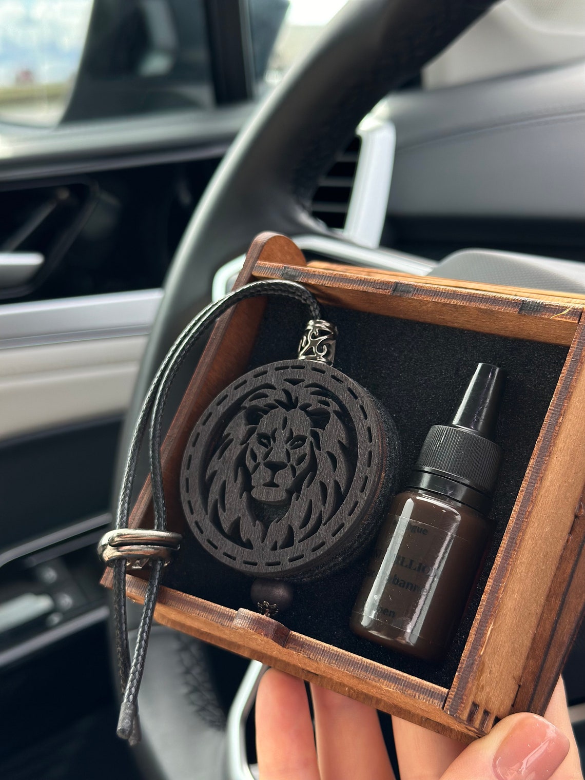Engraved Lion Wooden Car Diffuser Gift Box, Personalized Car Fragrance ...