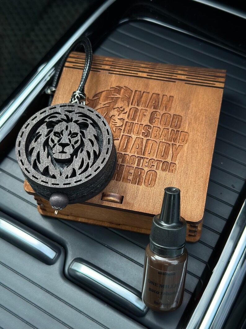 Engraved Lion Wooden Car Diffuser Gift Box, Personalized Car Fragrance ...