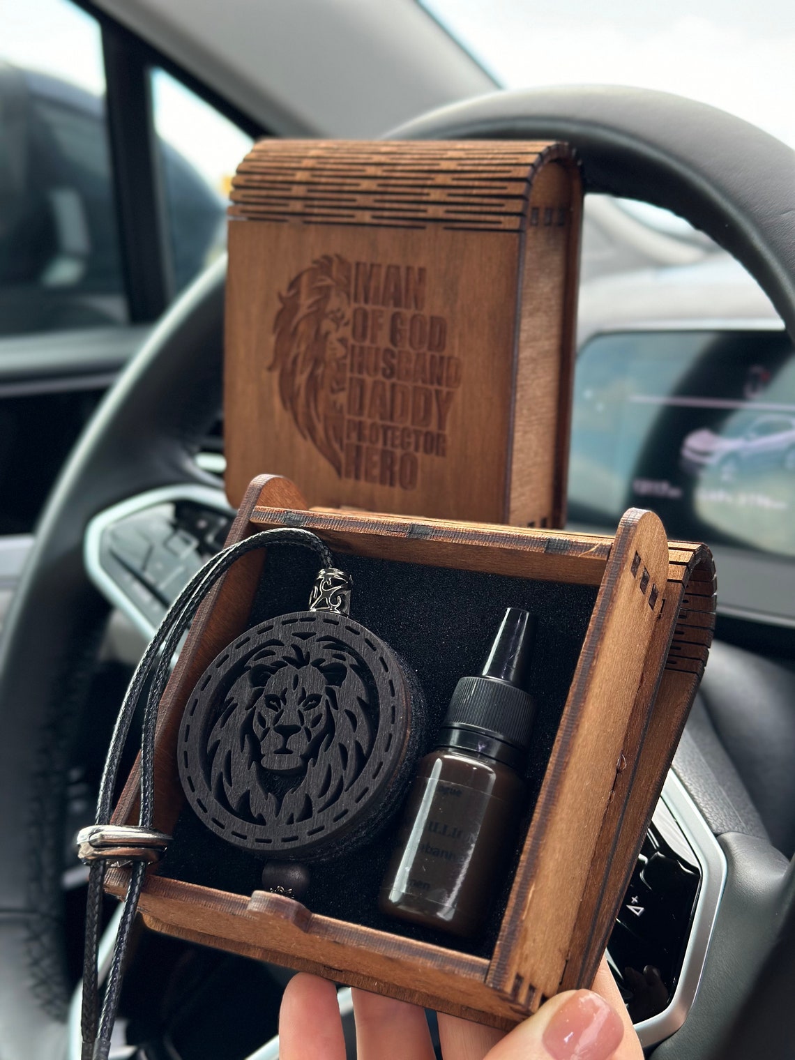Engraved Lion Wooden Car Diffuser Gift Box, Personalized Car Fragrance ...