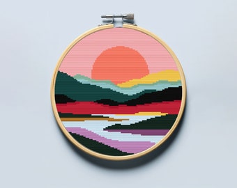 Sunset Cross Stitch Pattern PDF, Landscape, Mountains, Nature. - Etsy