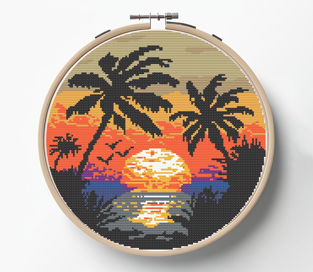 Tropical Sunset Cross Stitch Pattern PDF, Ocean, Palm Trees, Landscape ...