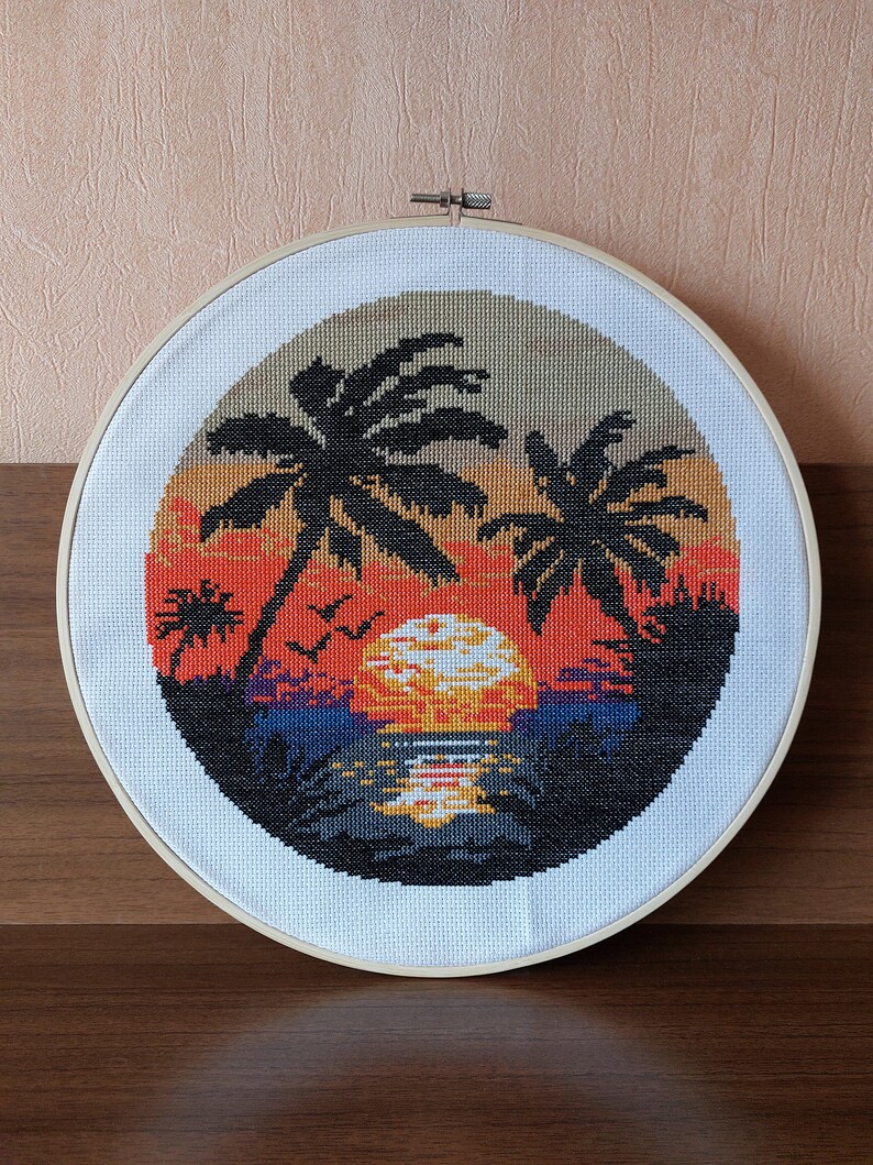 Tropical Sunset Cross Stitch Pattern PDF, Ocean, Palm Trees, Landscape ...