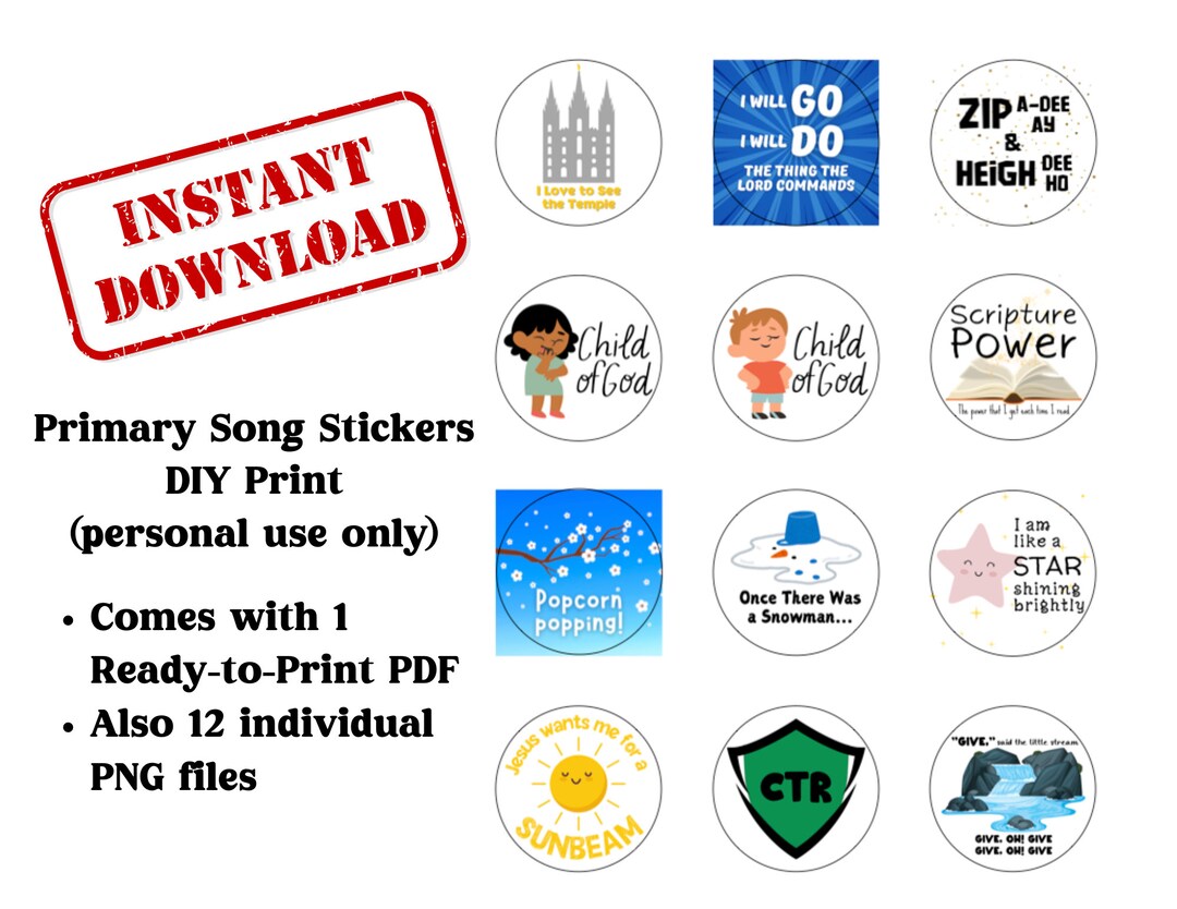 LDS Primary 2 Inch Sticker Bundle DIGITAL DOWNLOAD 10 Primary Songbook ...