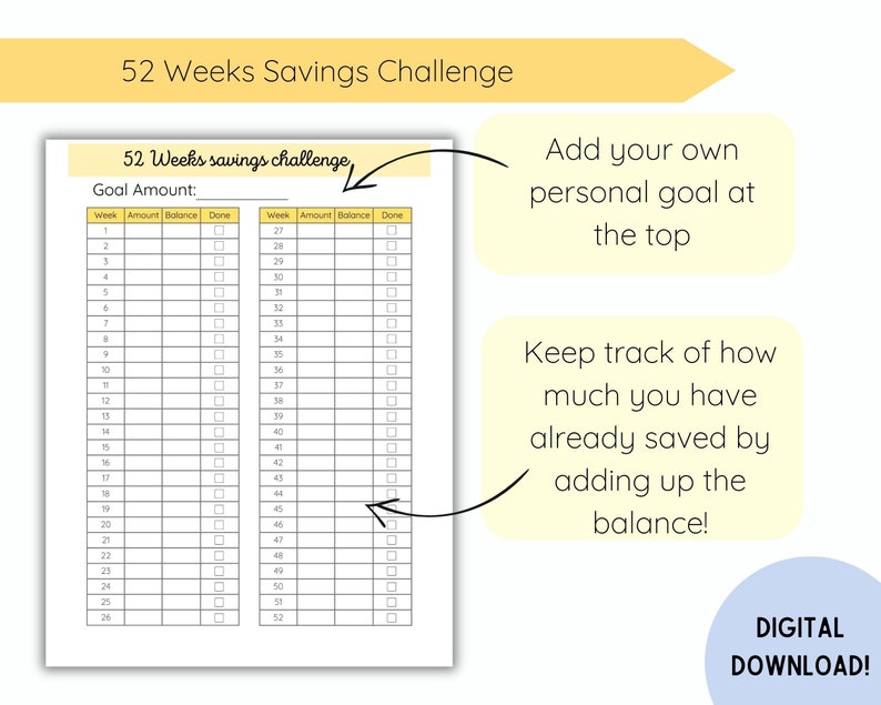 52 Weeks Savings Challenge, Printable Savings Template, Financial ...