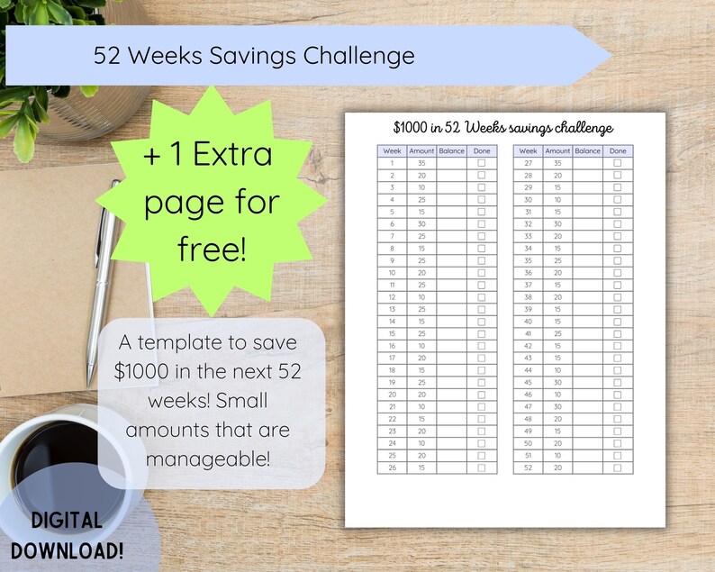 52 Weeks Savings Challenge Printable Template, Savings Tracker for 52 ...