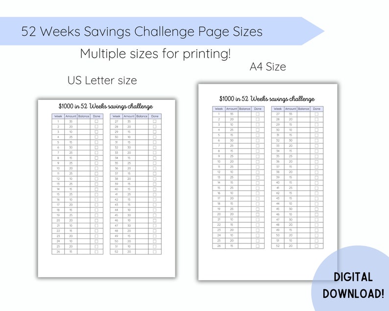 52 Weeks Savings Challenge Printable Template Savings Tracker - Etsy