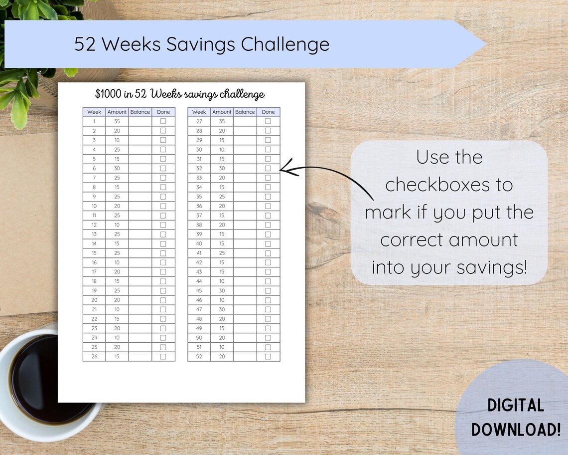 52 Weeks Savings Challenge Printable Template, Savings Tracker for 52 ...