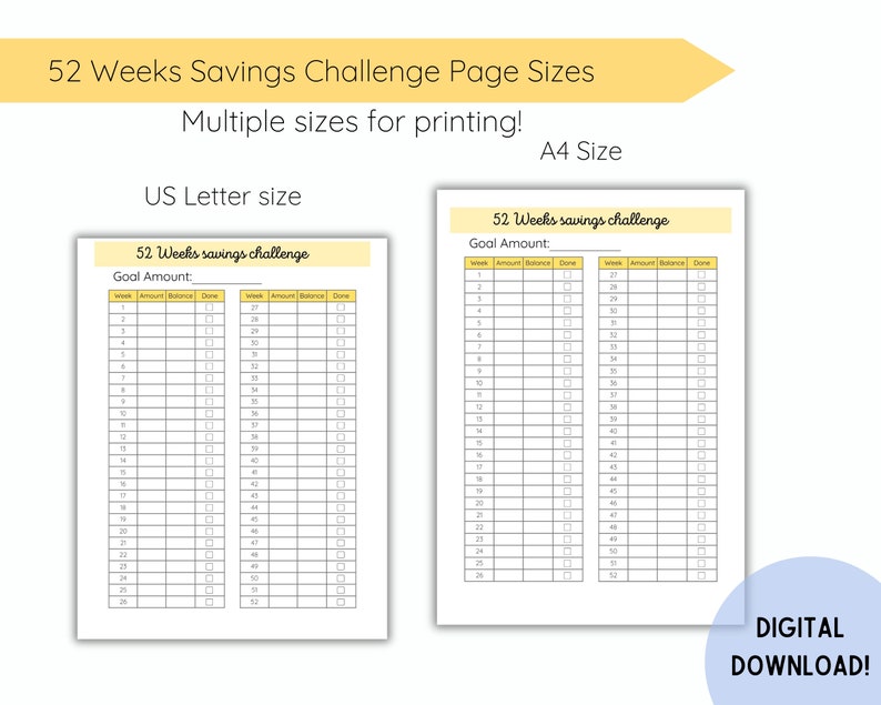 52 Weeks Savings Challenge Printable Savings Template - Etsy