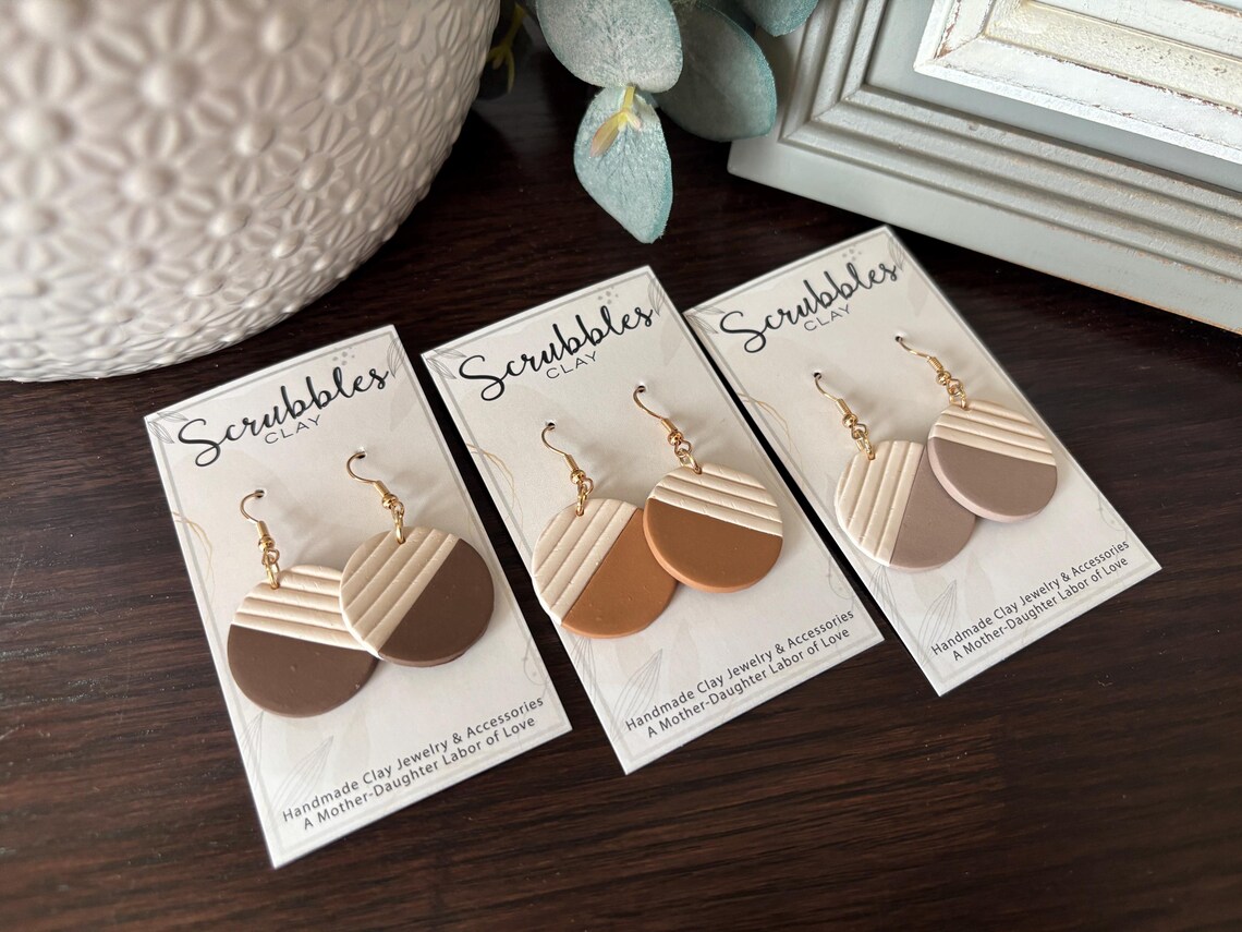 Split Circular Clay Fashion Pendant Gold Hook Brown Camel Beige Neutral ...