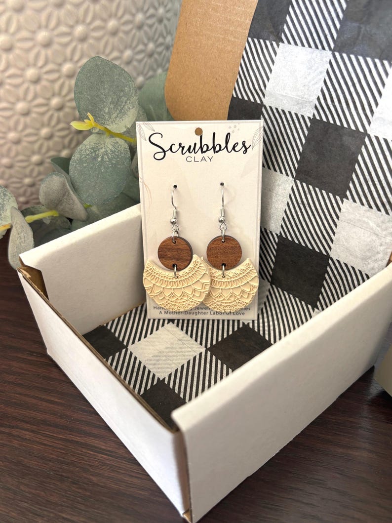 Boho Mandala Print Clay Earrings With Wood Stud: Handmade Jewelry - Etsy
