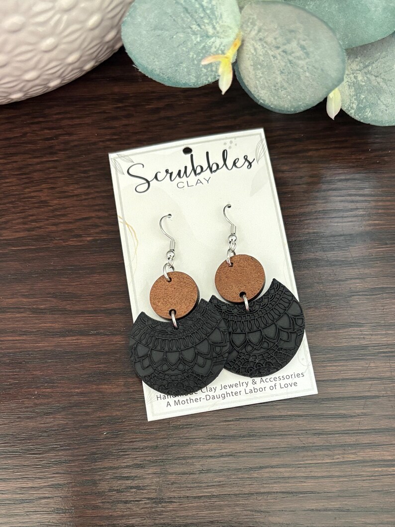 Boho Mandala Print Clay Earrings With Wood Stud: Handmade Jewelry - Etsy