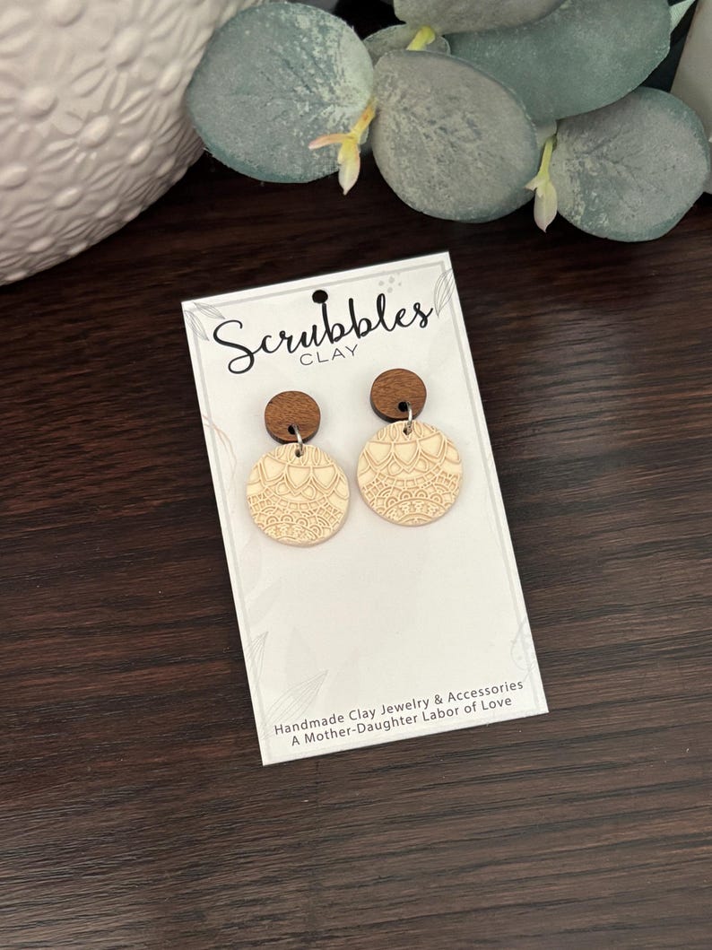Mini Boho Mandala Print Clay Earrings With Wood Stud: Handmade Jewelry ...