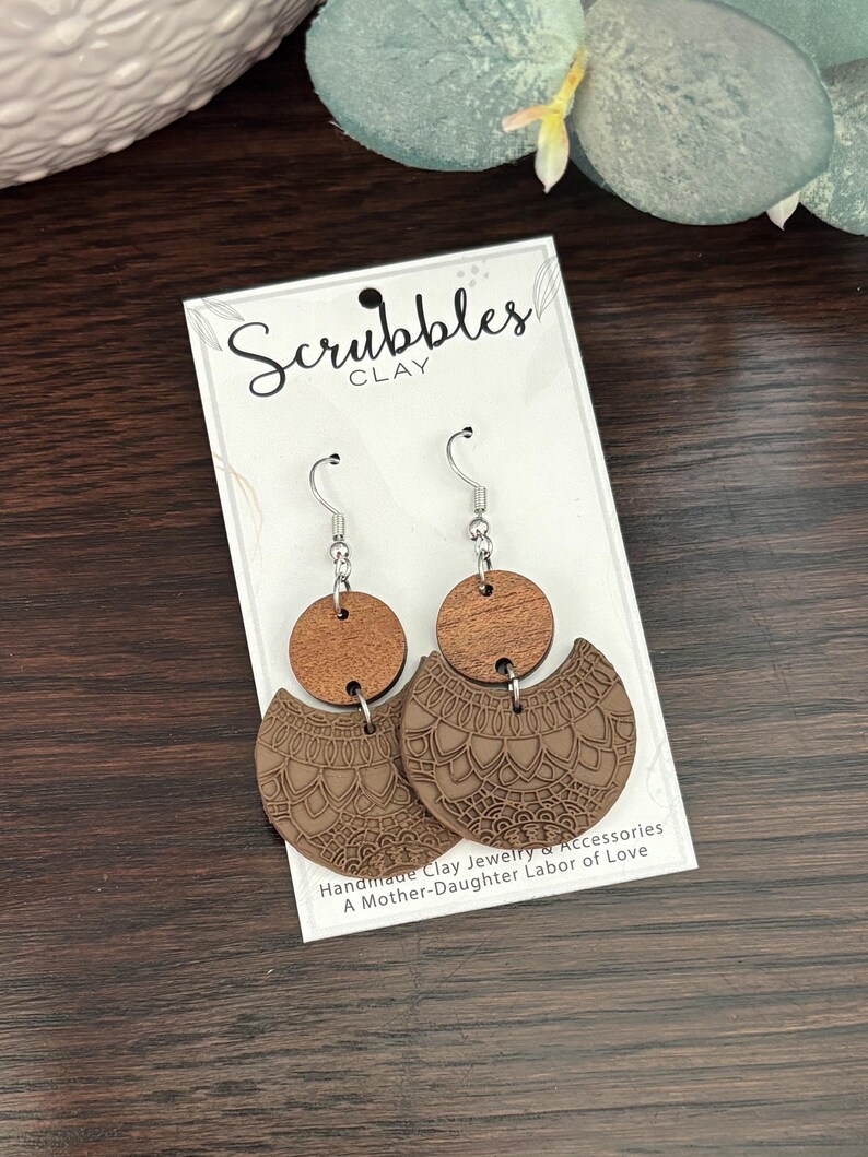 Boho Mandala Print Clay Earrings With Wood Stud: Handmade Jewelry - Etsy