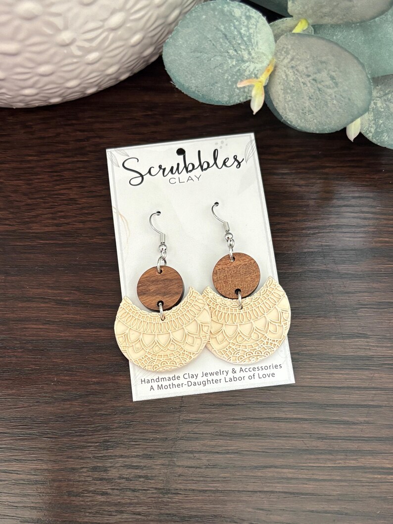 Boho Mandala Print Clay Earrings With Wood Stud: Handmade Jewelry - Etsy