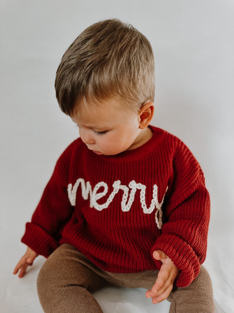Merry Sweater // Hand Embroidered Sweater // Christmas Chunky Knit ...