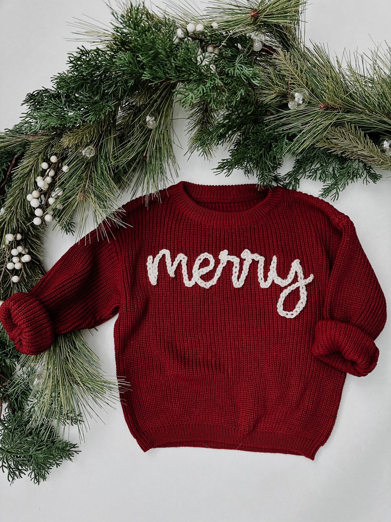 Merry Sweater // Hand Embroidered Sweater // Christmas Chunky Knit ...