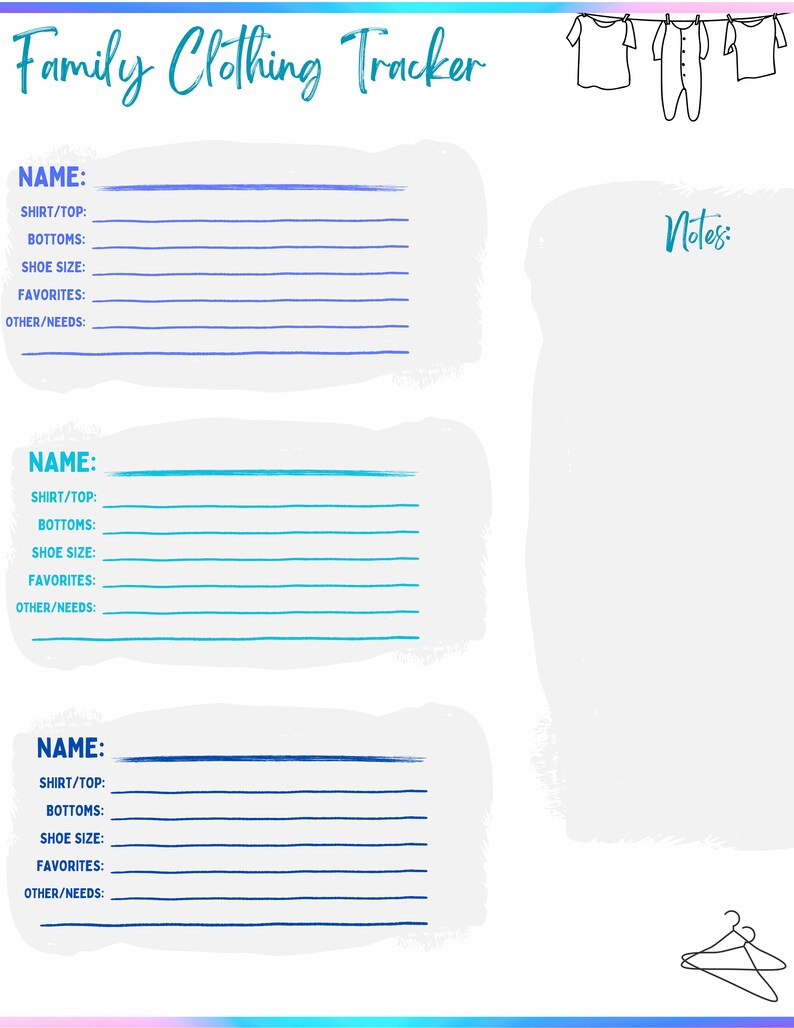 Printable Family Clothing Tracker Bundle, Shopping Tracker, Size ...
