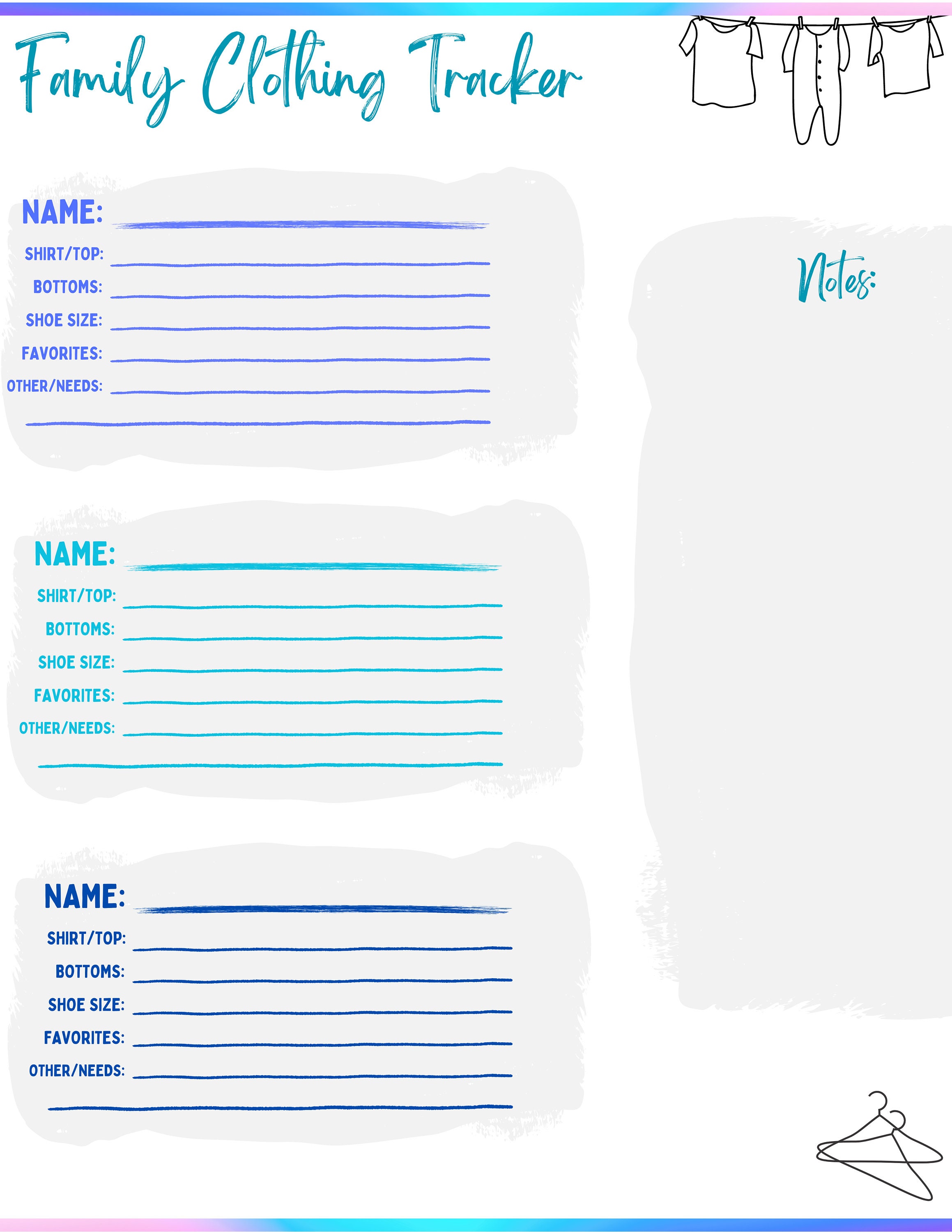 Printable Family Clothing Tracker Bundle, Shopping Tracker, Size ...