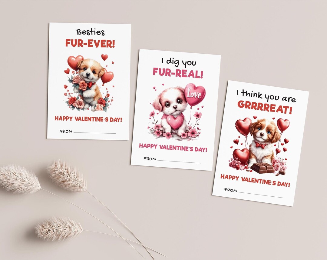 Set of 6 Valentine Dog Cards, Printable Valentine Cute Dogs Cards, Kids ...