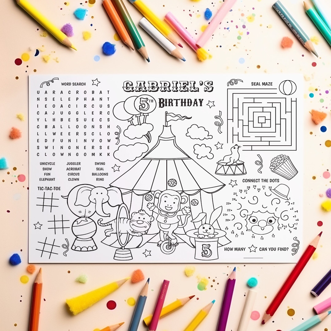 Carnival Circus Birthday Coloring Placemat, Circus Theme Printable ...