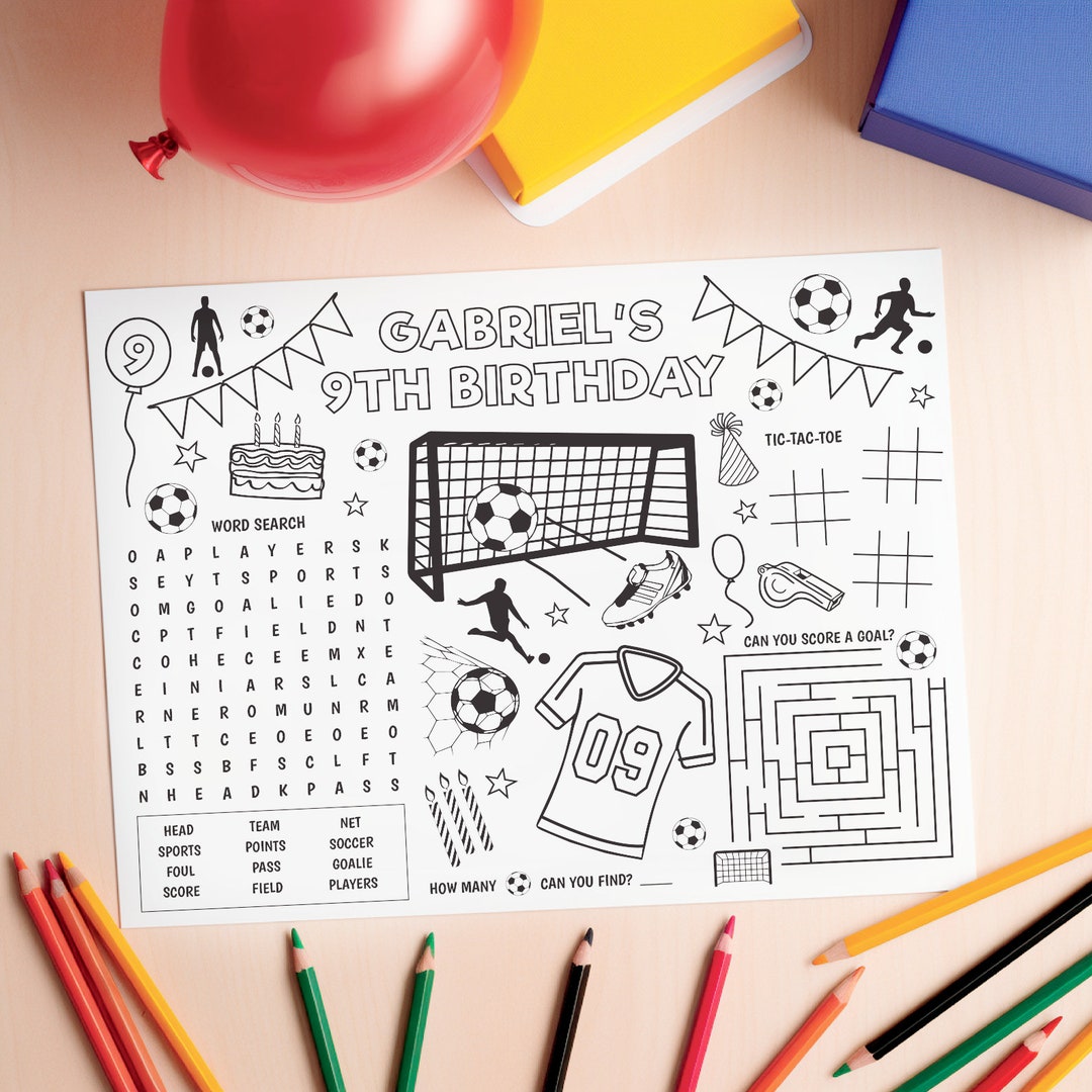 Soccer Birthday Coloring Placemat, Soccer Party Printable Activity ...