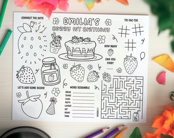 1st Birthday Strawberry Coloring Placemat, Strawberry Activity Placemat ...