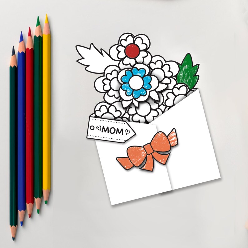 Printable Mother's Day Coloring Card, Printable Bouquet Card for Mom ...
