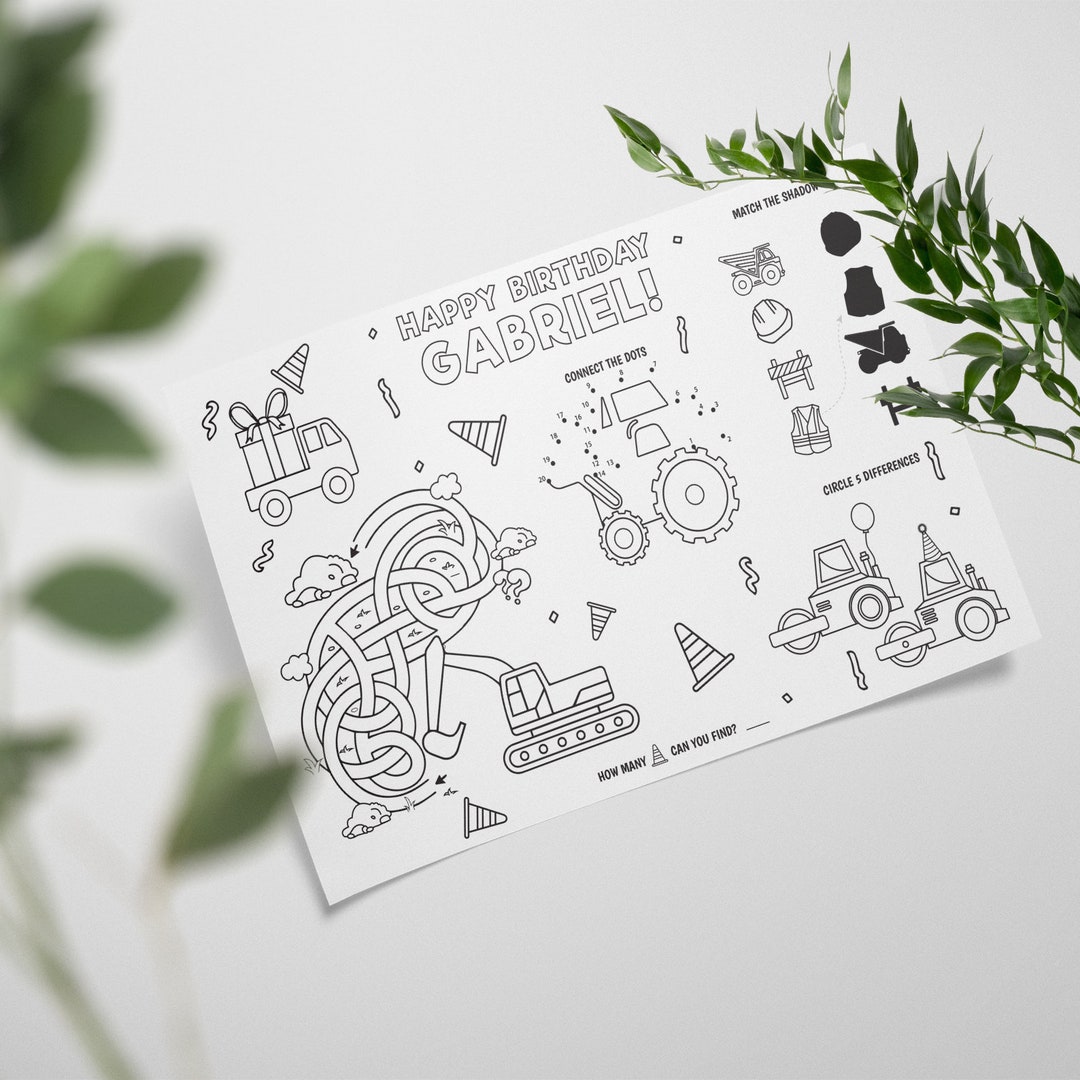 Construction Birthday Coloring Placemat, Printable Construction Party ...
