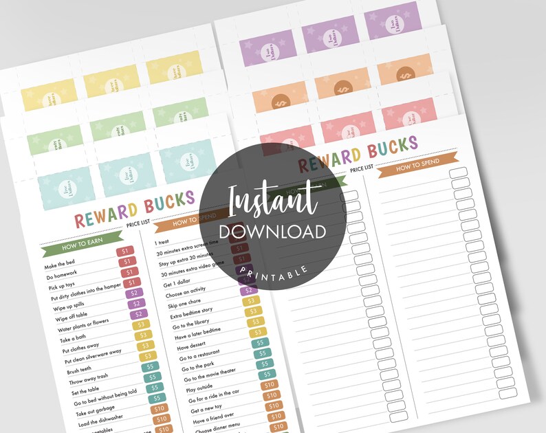 Printable Kids Reward Bucks, Mom Bucks Template, Kids Reward System ...