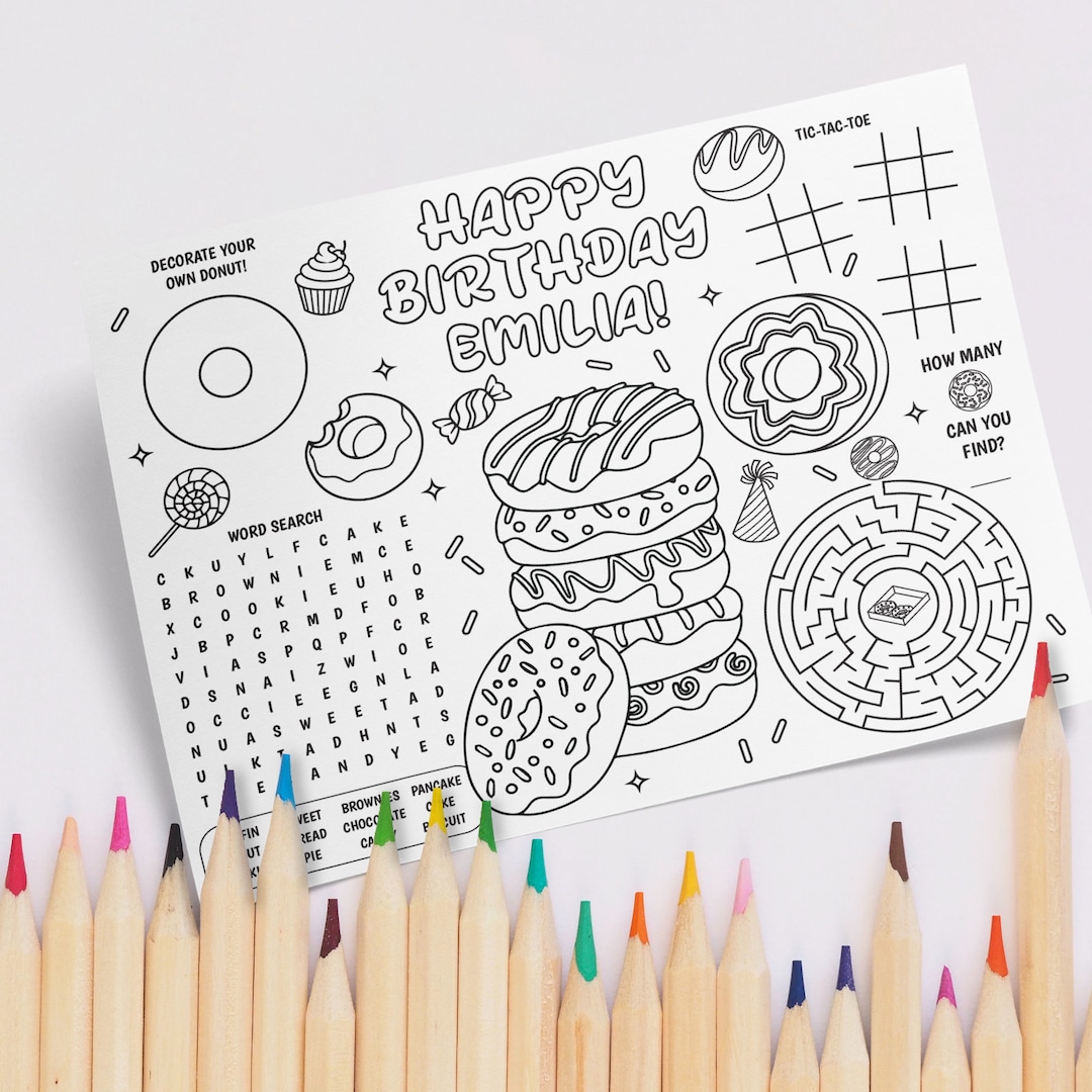 Printable Donuts Birthday Theme Placemat, Donut Birthday Coloring for ...
