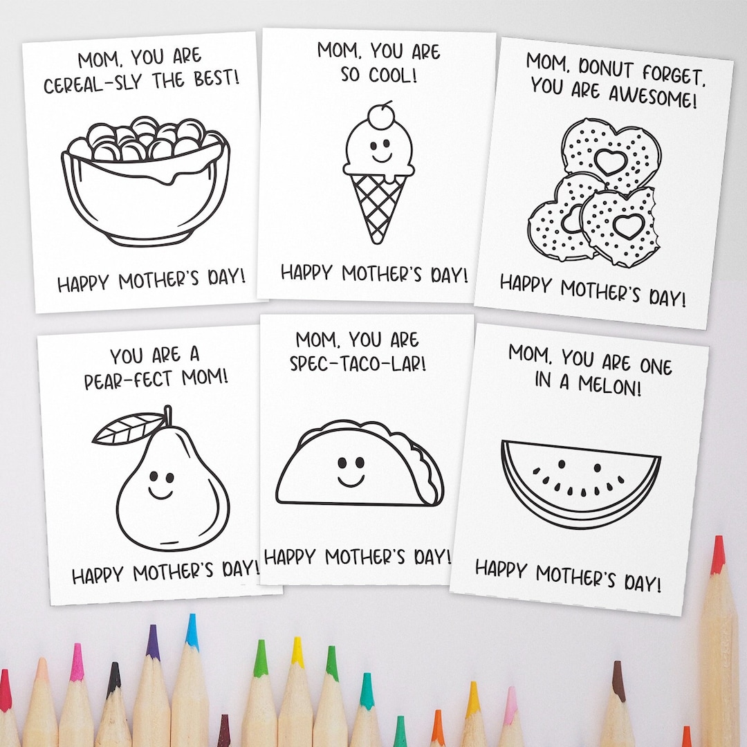 Set of 6 Mother's Day Printable Cards, Mom Food Coloring Cards, Food ...