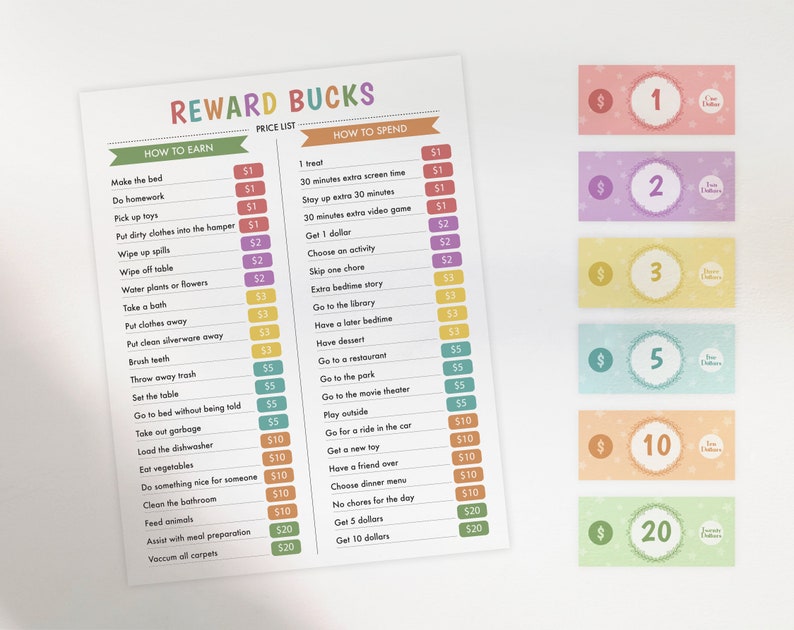Printable Kids Reward Bucks, Mom Bucks Template, Kids Reward System ...