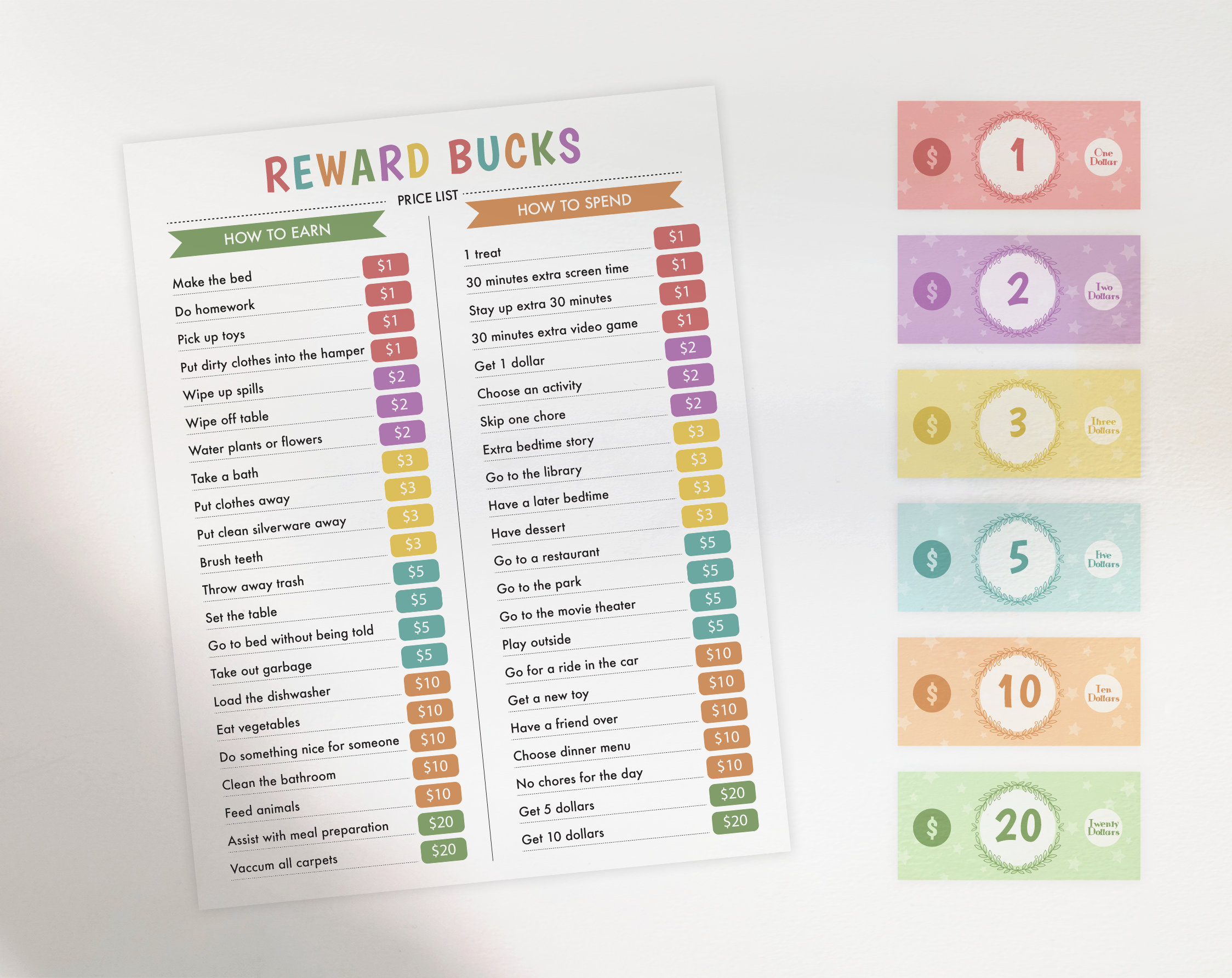 Printable Kids Reward Bucks, Mom Bucks Template, Kids Reward System ...