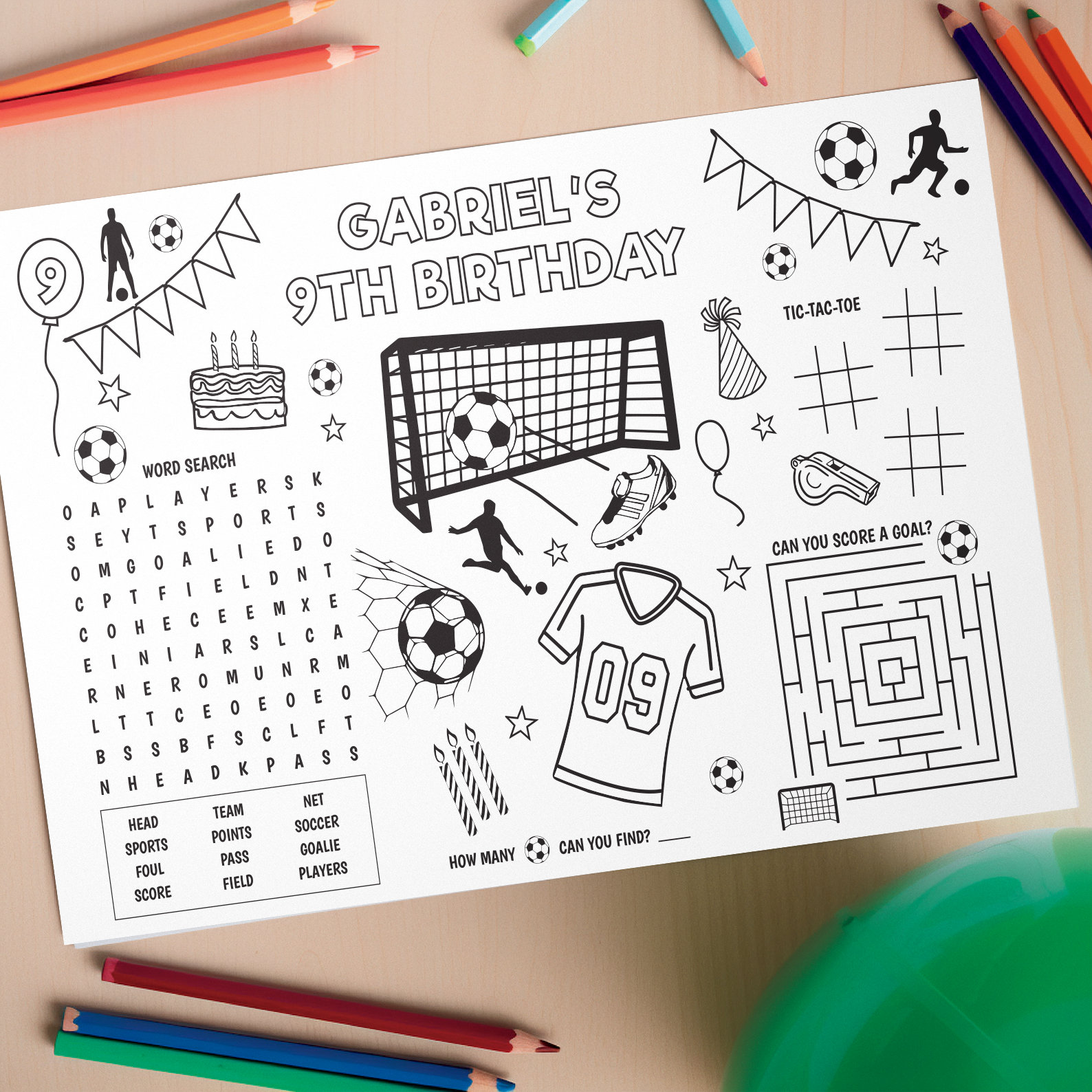 Soccer Birthday Coloring Placemat, Soccer Party Printable Activity ...