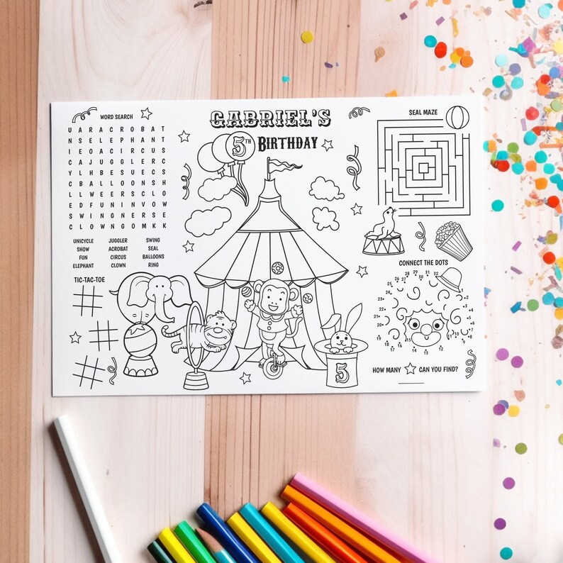 Carnival Circus Birthday Coloring Placemat, Circus Theme Printable ...