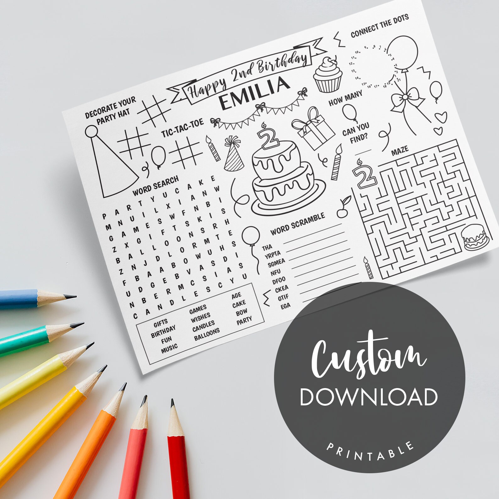Printable Birthday Coloring Placemat Birthday Activities for - Etsy