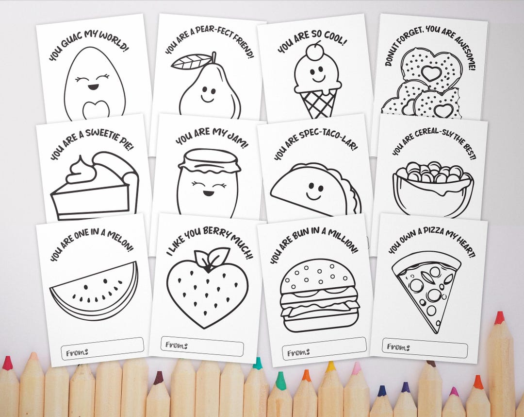 Set of 12 Valentines Printable Cards, Valentine Food Coloring Cards ...