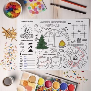 Campout Birthday Coloring Placemat, Camping Party Activity Page, Kids ...