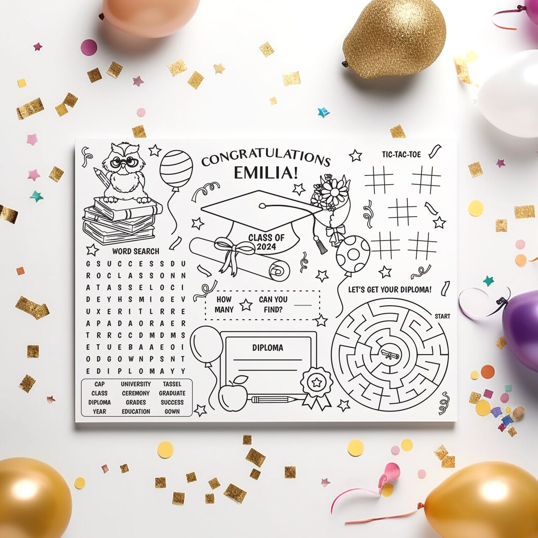 Printable Graduation Coloring Placemat, Graduation Activities for Kids ...