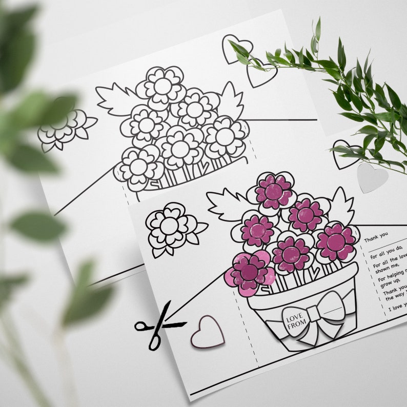 Printable Mother's Day Coloring Card, Printable Bouquet Card for Mom ...