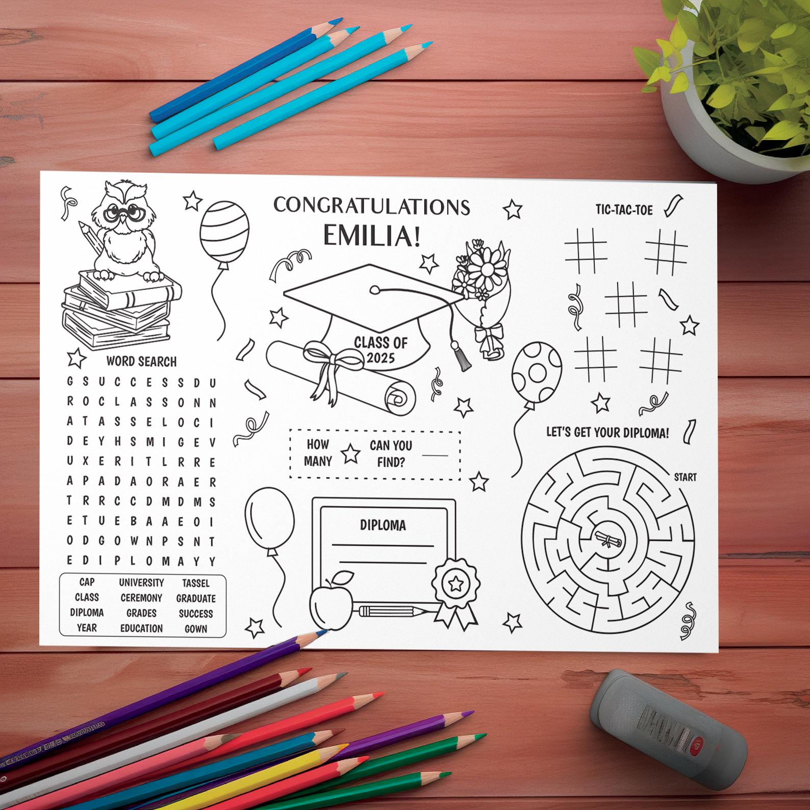 Printable Graduation Coloring Placemat, Graduation Activities for Kids ...
