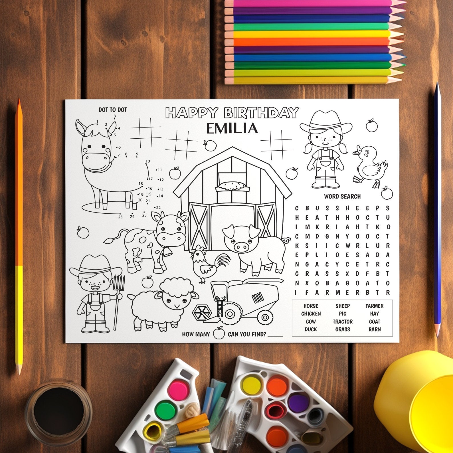 Farm Birthday Coloring Placemat, Farm Party Theme Activity Sheet ...