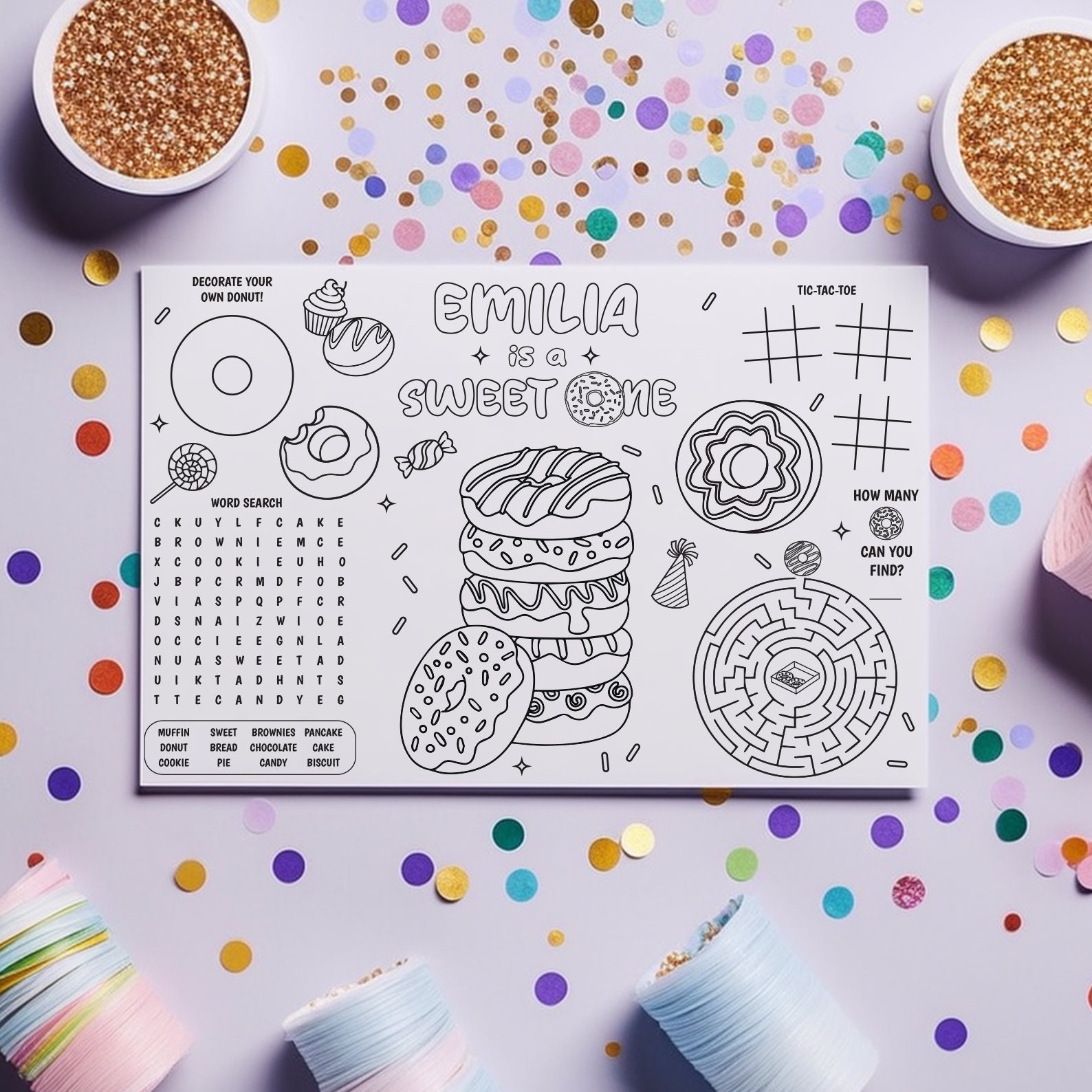 Printable Sweet One Birthday Coloring Placemat, Donut Birthday ...