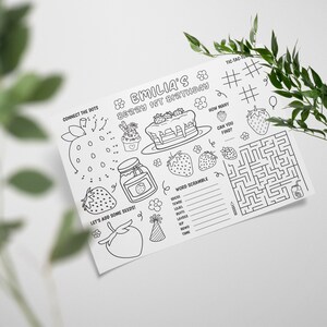 1st Birthday Strawberry Coloring Placemat, Strawberry Activity Placemat ...